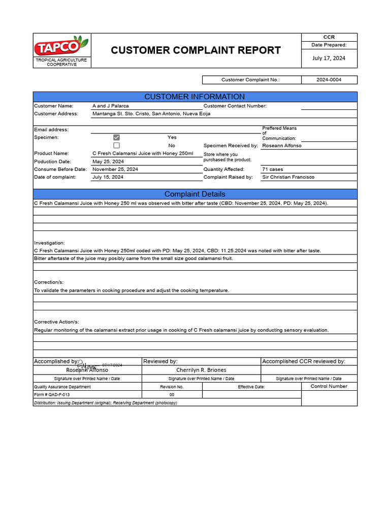 Customer Complaint Report - 2024-0004 | PDF