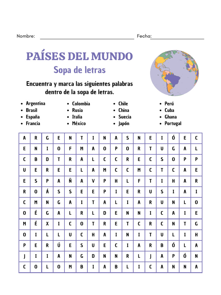 Sopa de Letras Países del Mundo | PDF