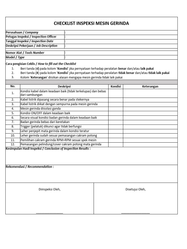 MASTER FORM CHECKLIST MESIN GERINDA | PDF