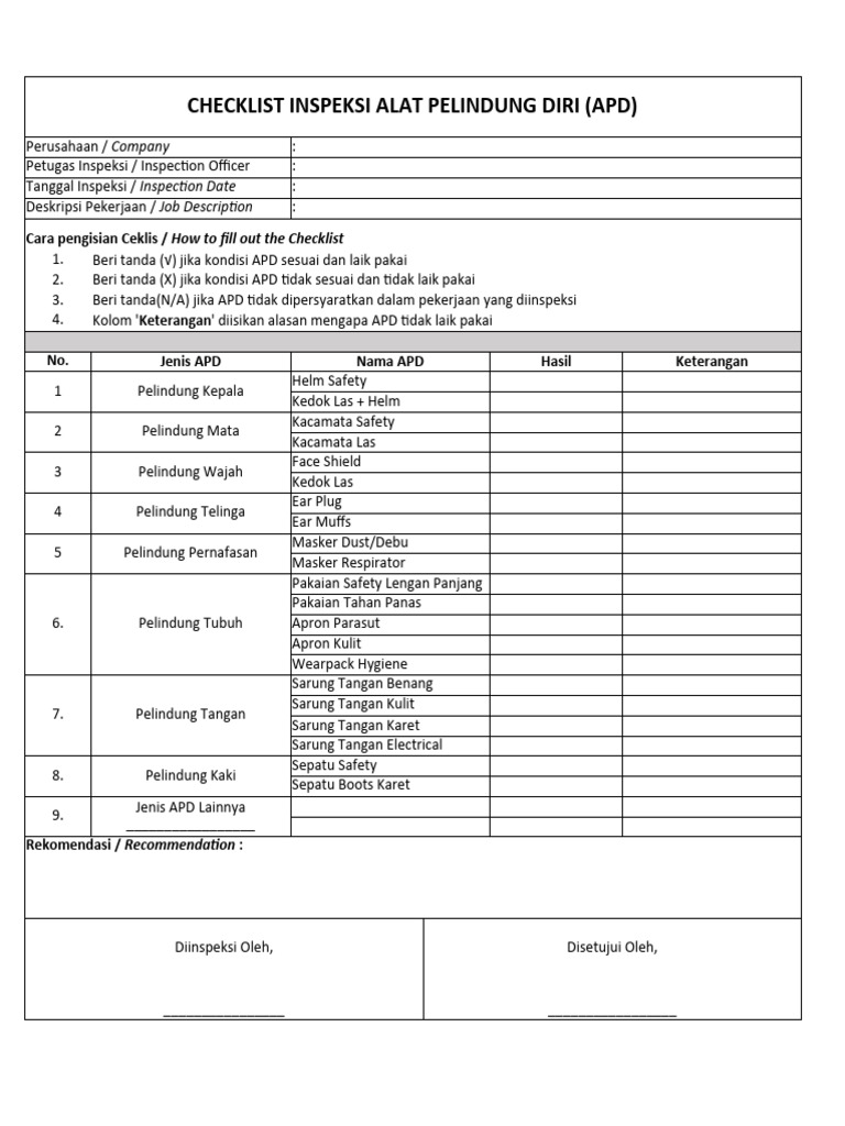 Checklist Inspeksi Alat Pelindung Diri | PDF
