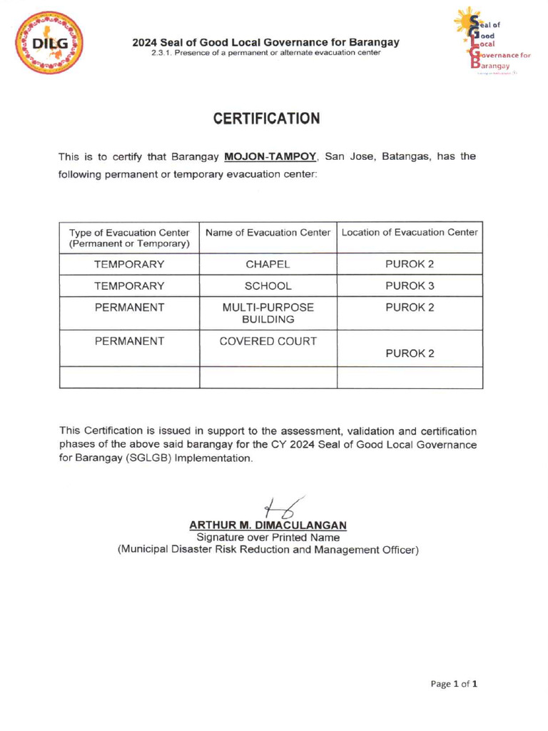 Certification of Permanent or Temporary Evacuation Center20240723 ...