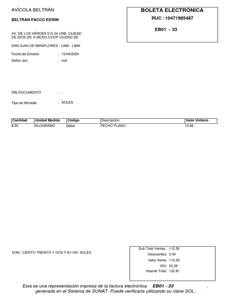 Boleta 10471985487 EB01 33 | PDF