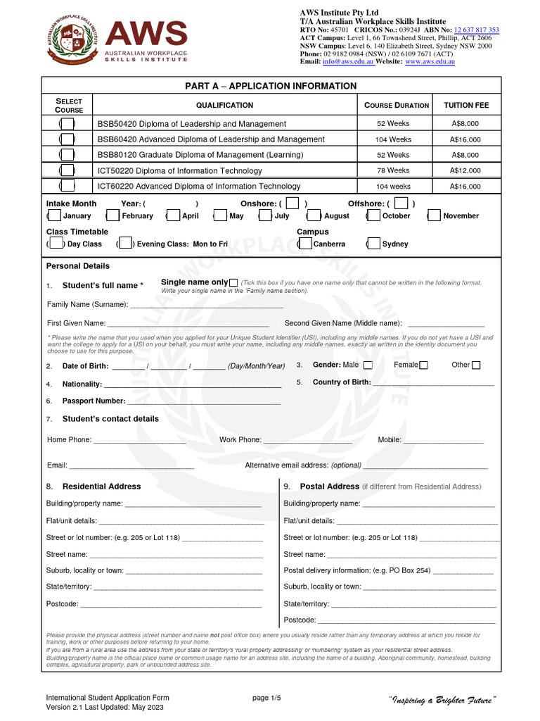 AWS Student Application Form May-2023 Fillable | PDF | Vocational ...