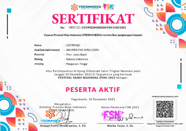 Cert - Bahasa Indonesia - FSN 2023 | PDF