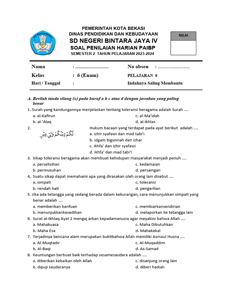SOAL PH PAI KLS 6 Pembelajaran 6 | PDF