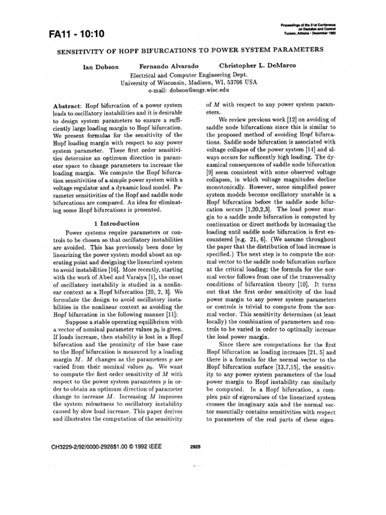 Sensitivity of Hopf Bifurcations To Power System Parameters | PDF
