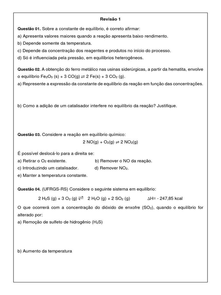 1 Revis-O 2 Ano | PDF | Equilíbrio químico | Química