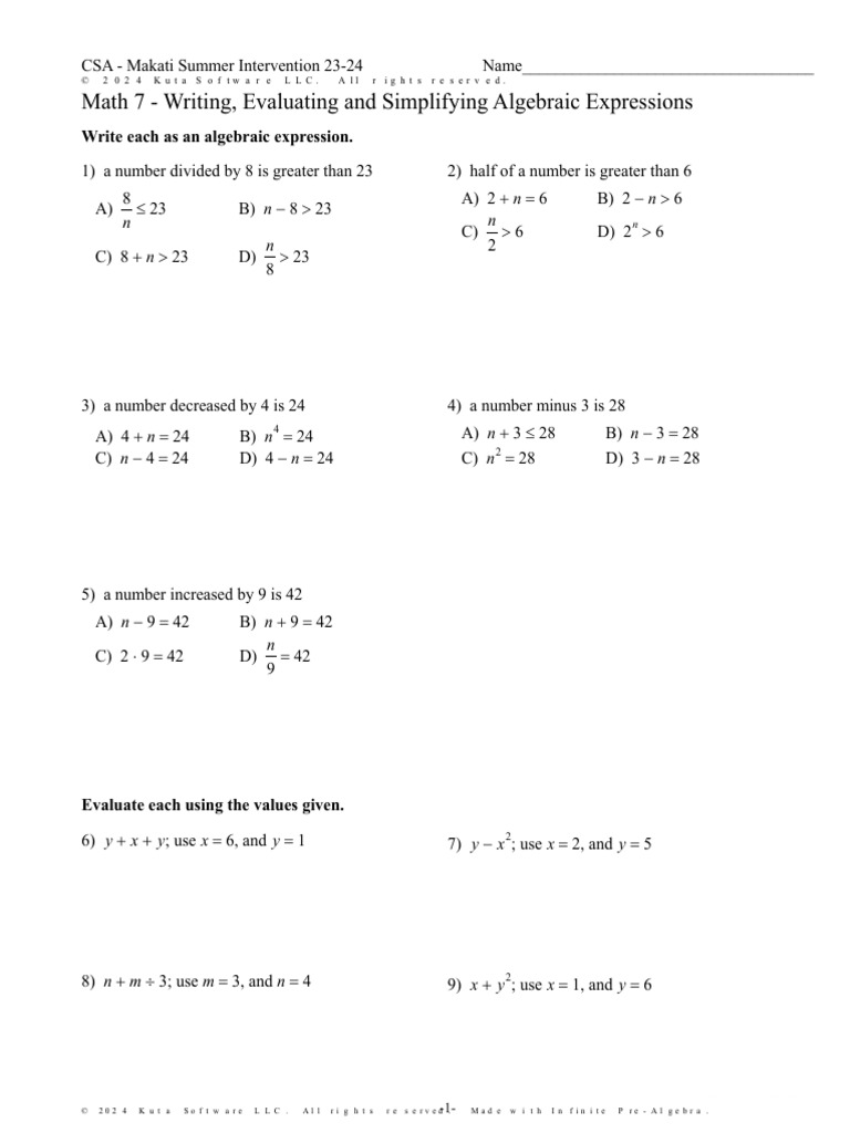 Math 7 Algebraic Expressions Worksheet | PDF | Mathematics | Numbers