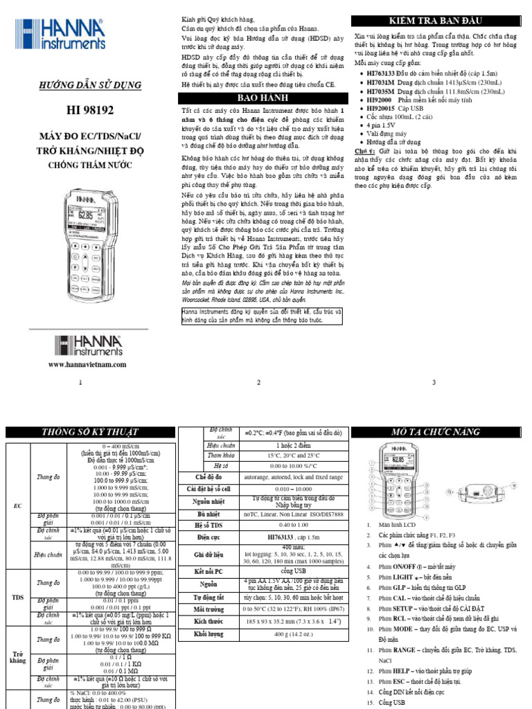 Huong Dan Su Dung May Do Dien Tro Suat Nuoc-HI98192 | PDF
