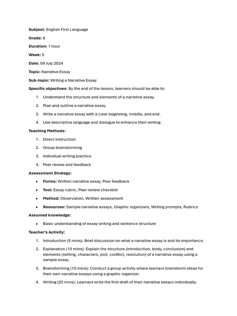 Writing a Narrative Essay for Grade 8 | PDF | Essays | Teaching Method