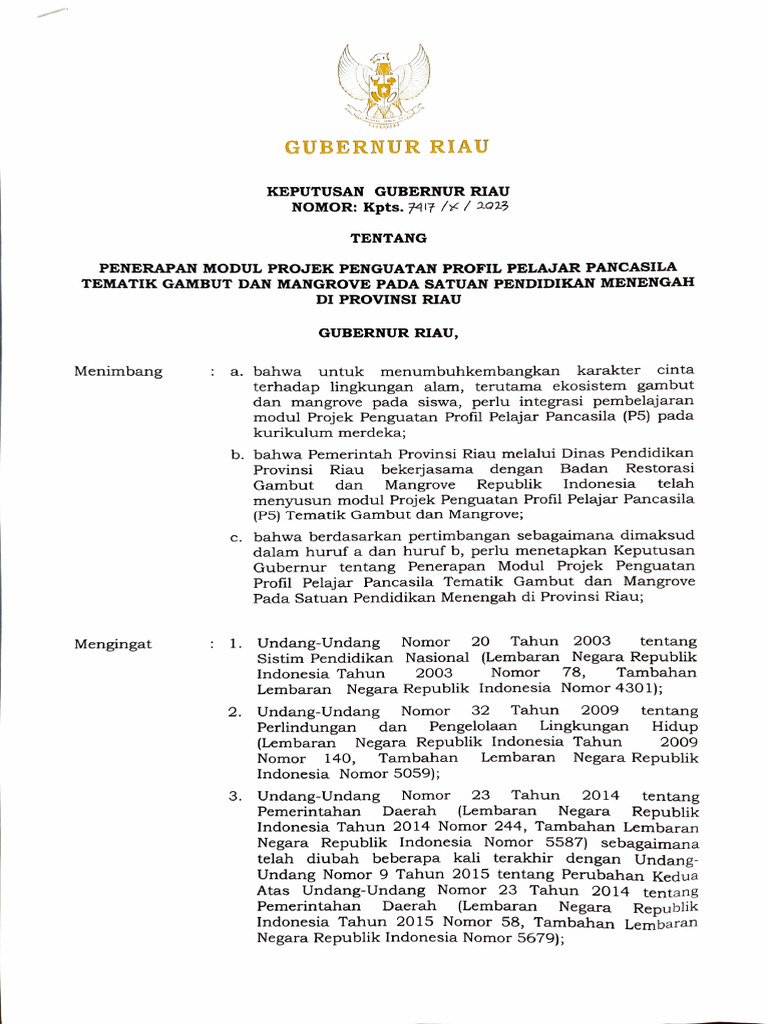 SK Gubernur Riau Penerapan Modul Projek Pengauatan Profil Pelajar Pancasila Tematik Gambut Dan ...