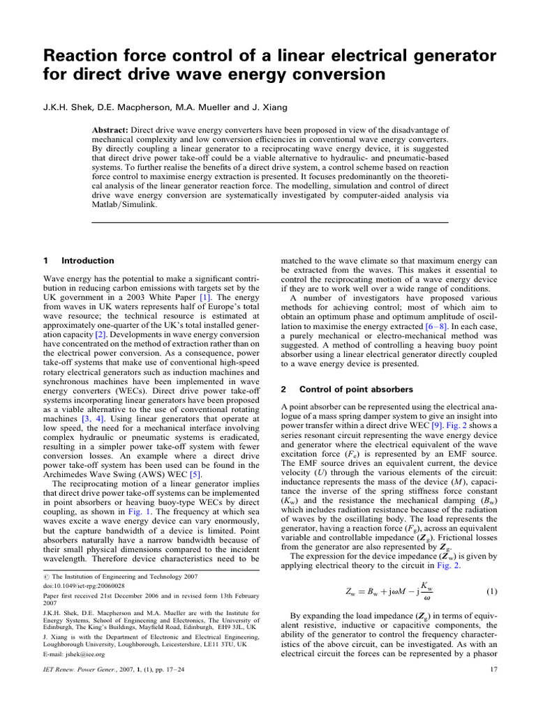 Reaction Force Control of A Linear Electrical Generator For Direct ...