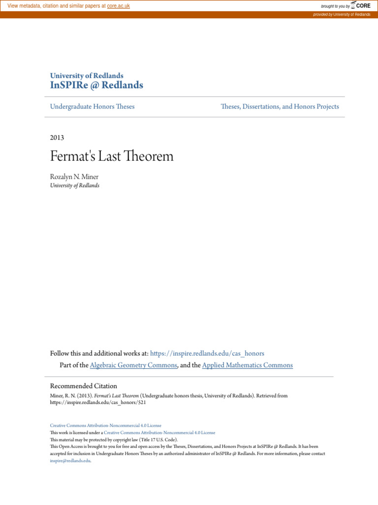 Fermat'S Last Theorem: Inspire at Redlands | PDF | Pythagoras | Mathematics