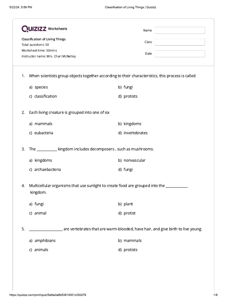 Classification of Living Things Quiz | PDF | Homo | Taxonomy (Biology)