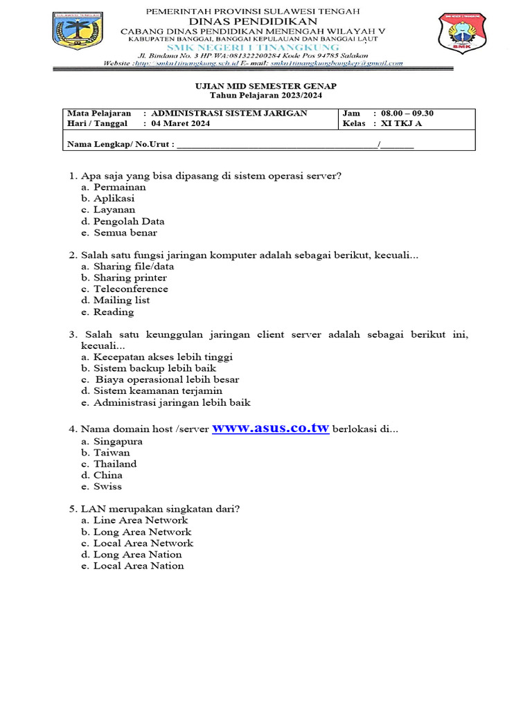 Soal Mid Asj Xi TKJ A | PDF | Komputer