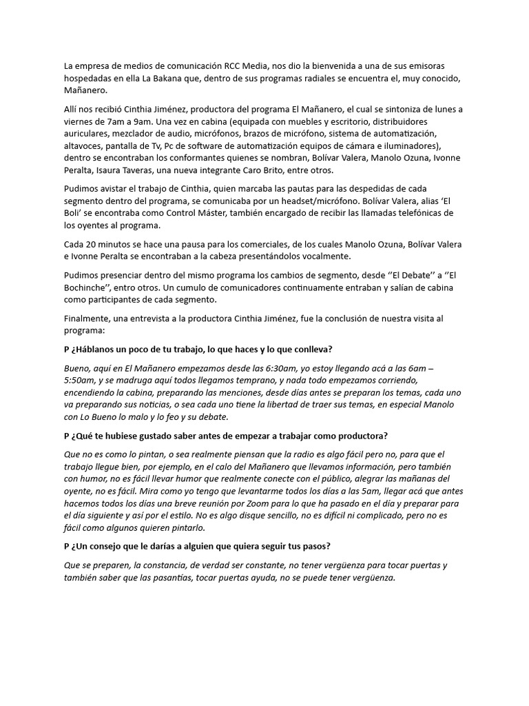 Informe, Visita El Mañanero | PDF | Tecnología de sonido | Ingeniería de audio