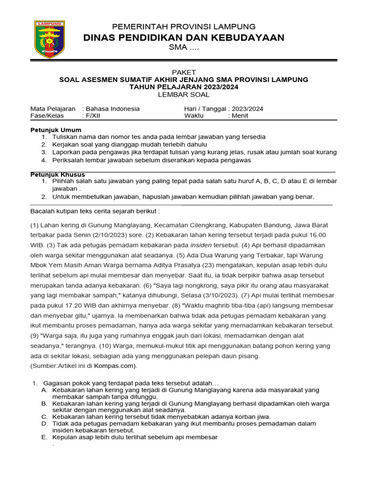 Bahasa Indonesia - ASAJ 2024 - Kumer - Soal - Murlis Soffandi | PDF