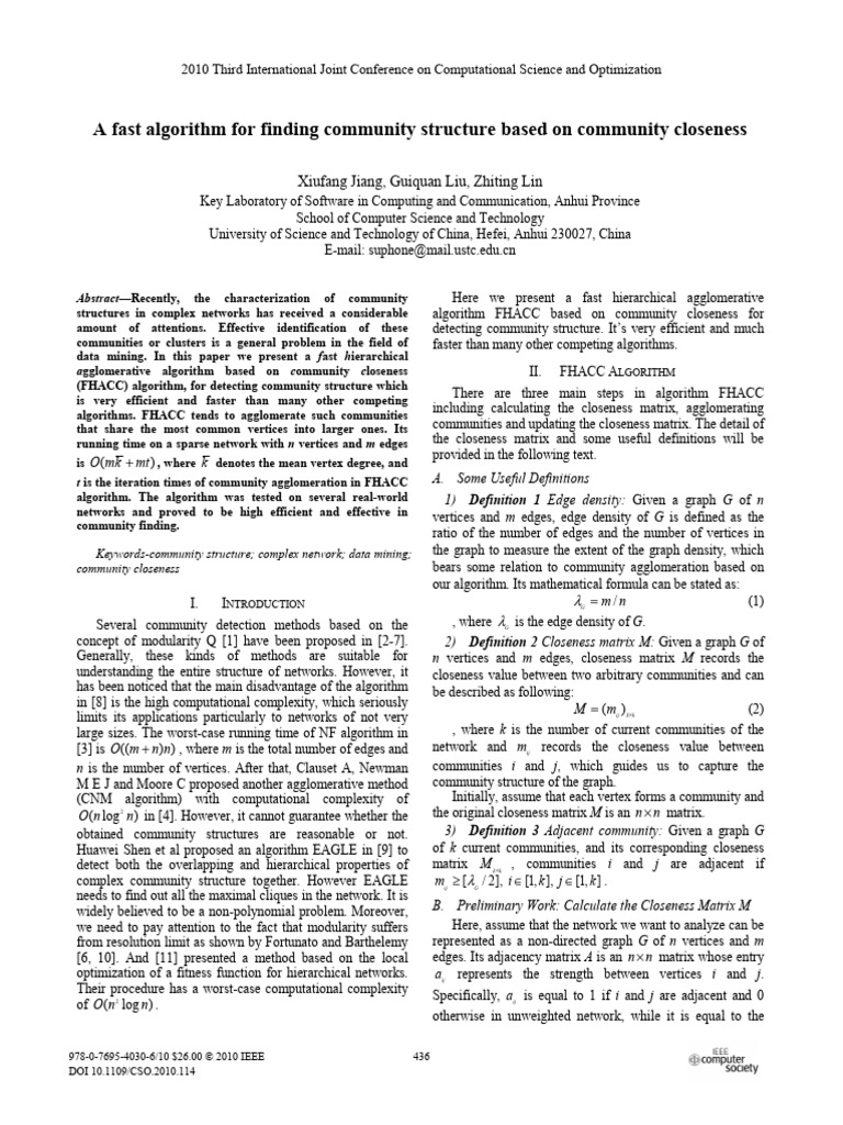 A Fast Algorithm For Finding Community Structure Based On Community Closeness | PDF | Vertex ...
