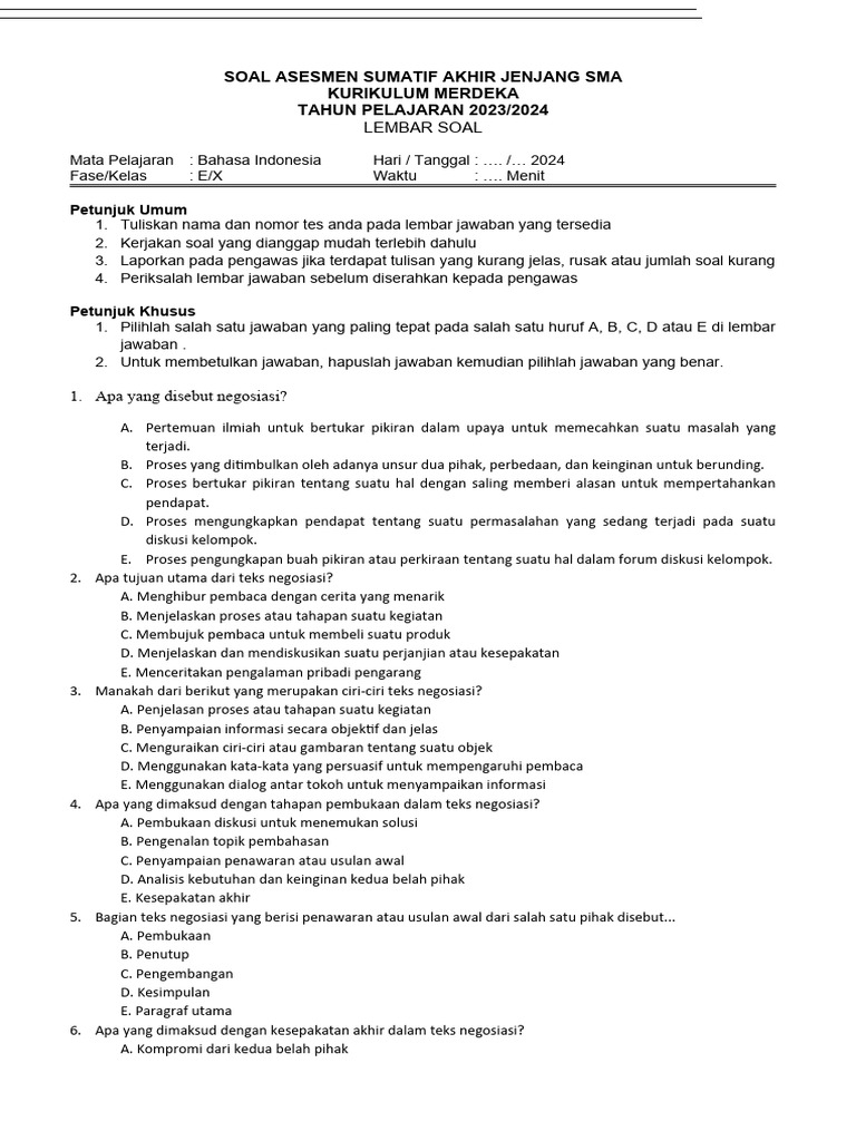 Soal Bhs Indonesia ASAS Genap 2024 Kls X Kurmer | PDF | Karier & Perkembangan