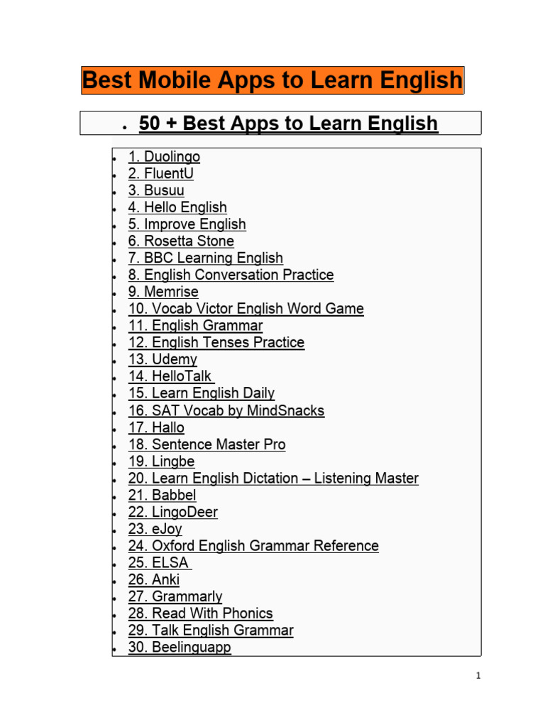 Top 50 Apps for Learning English | PDF