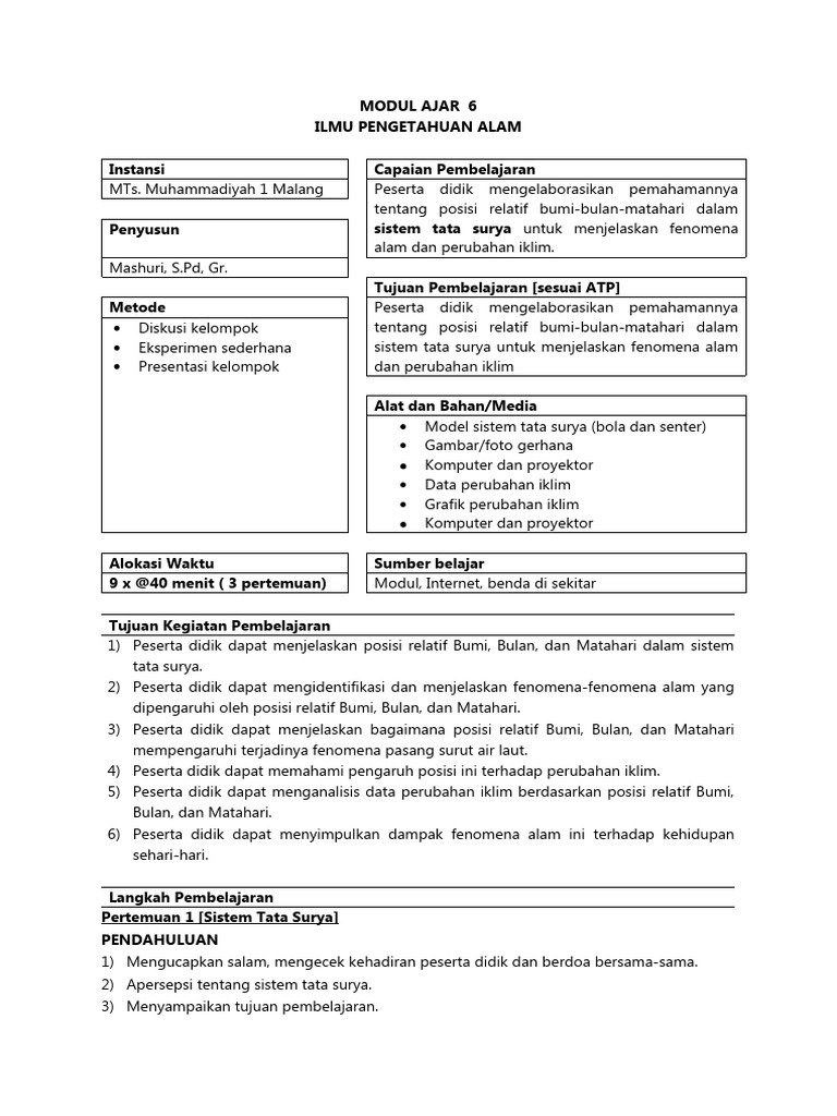 Modul Ajar Sistem Tata Surya 2024 Pdf