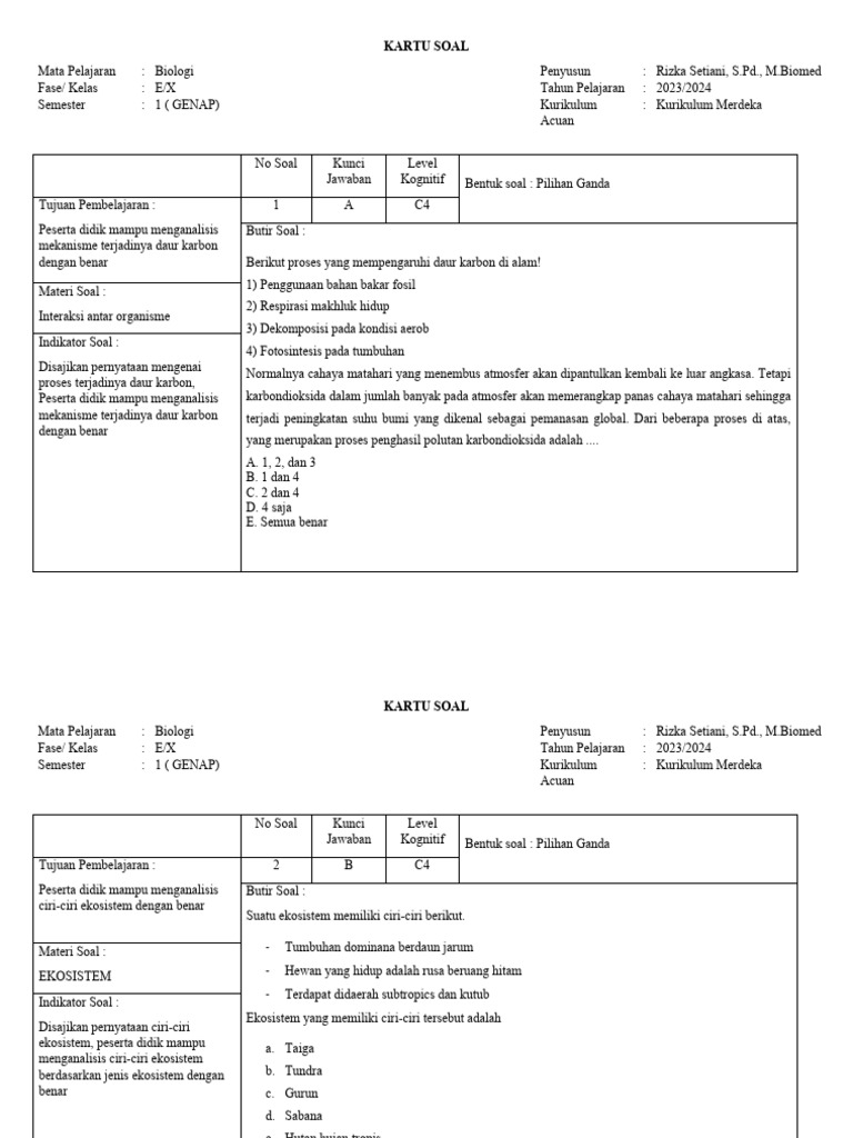 Kartu Soal Us Bio | PDF