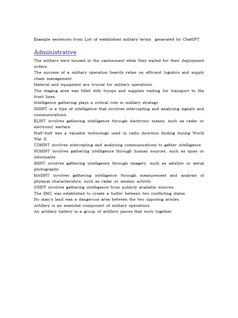 Example Sentences From List of Established Military Terms Generated by ...