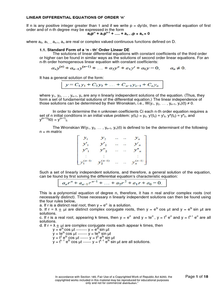 Linear Differential Equations of Order N | PDF | Equations ...