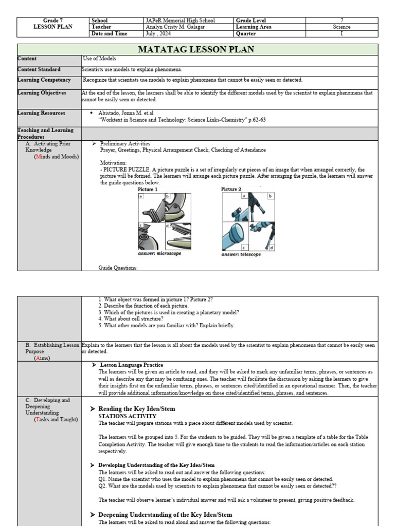 W1-D1 Lesson Plan Science 7-Matatag | PDF | Learning | Lesson Plan