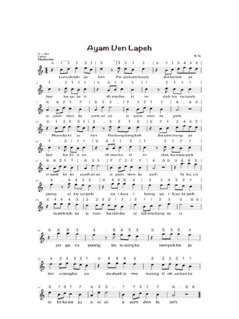 Notasi Lagu Ayam Den Lapeh | PDF