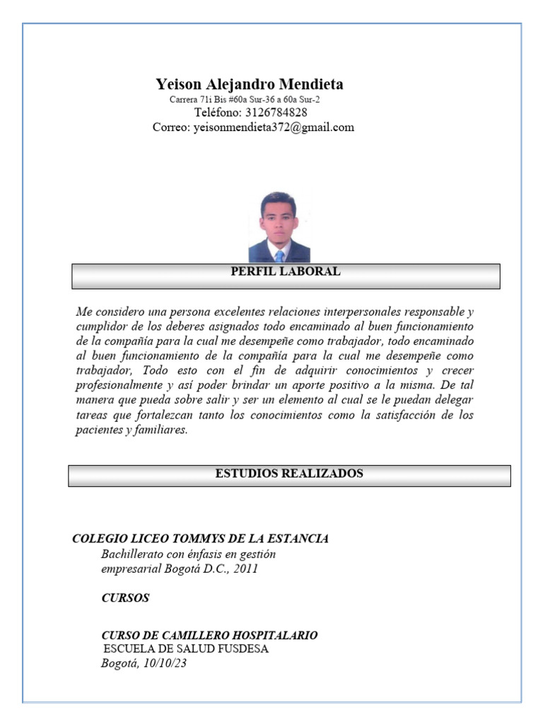 Hoja de Vida Alejandro Mendieta Camillero. | PDF