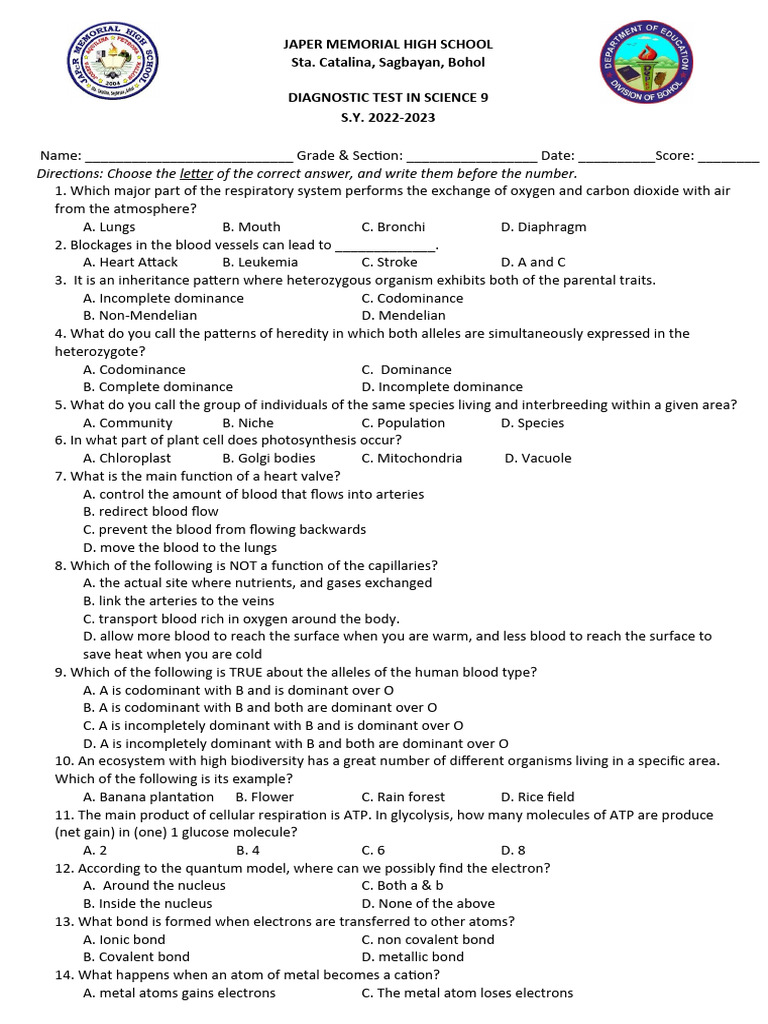 Diagnostic Test Science 9 | PDF | Atoms | Greenhouse Effect