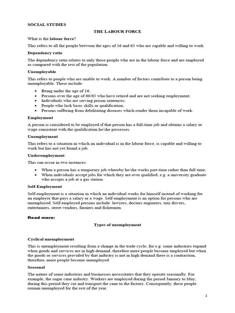 The Labour Force Handout | PDF | Unemployment | Labour Economics