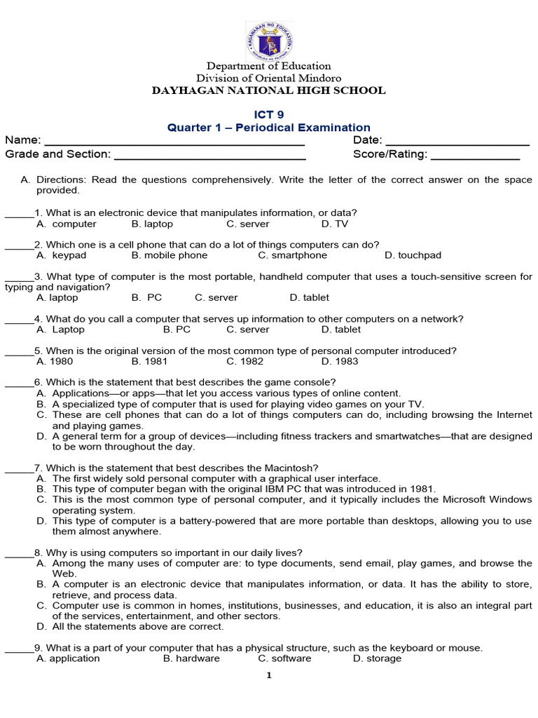 ICT - 9 - Q1 - Periodical Test - True | PDF | Computer Network | World ...