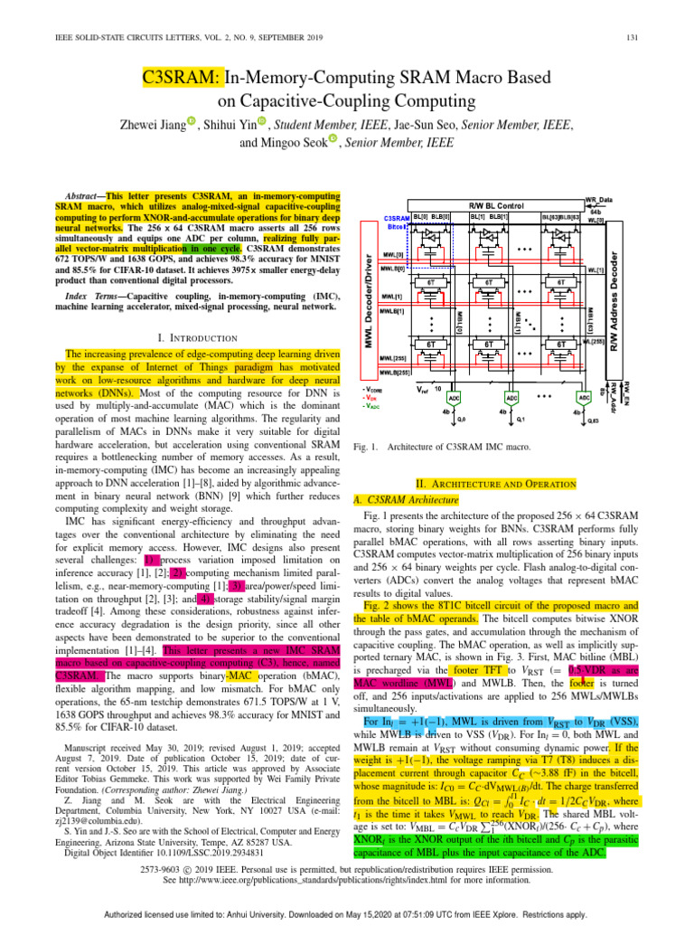03c3sram In Memory Computing Sram Macro Based On Capacitive Coupling 8287