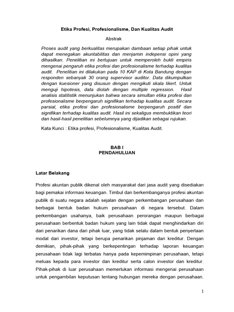 Etika Profesi, Profesionalisme, Dan Kualitas Audit | PDF | Bisnis | Pengelolaan Keuangan & Uang