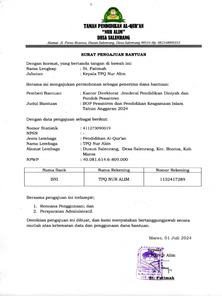 Contoh Permohonan Bop TPQ | PDF