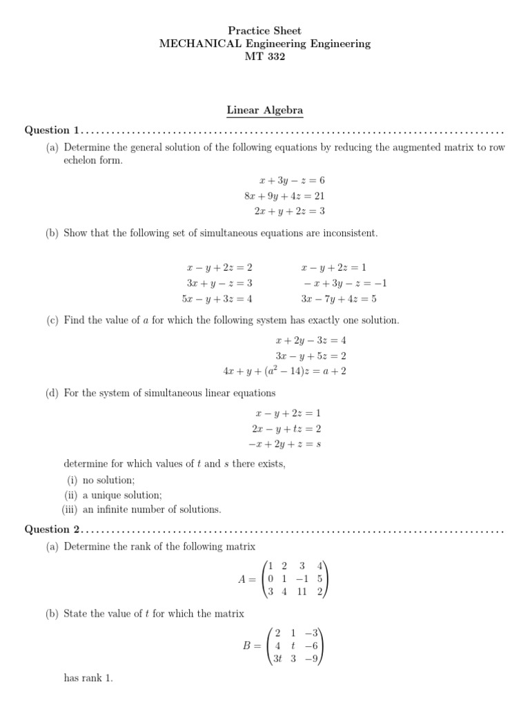 Linear Algebra Practice Sheet | PDF | System Of Linear Equations ...