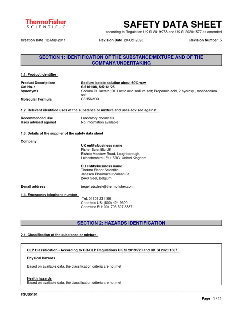 SDS Sodium Lactate Solution | PDF | Waste | Personal Protective Equipment