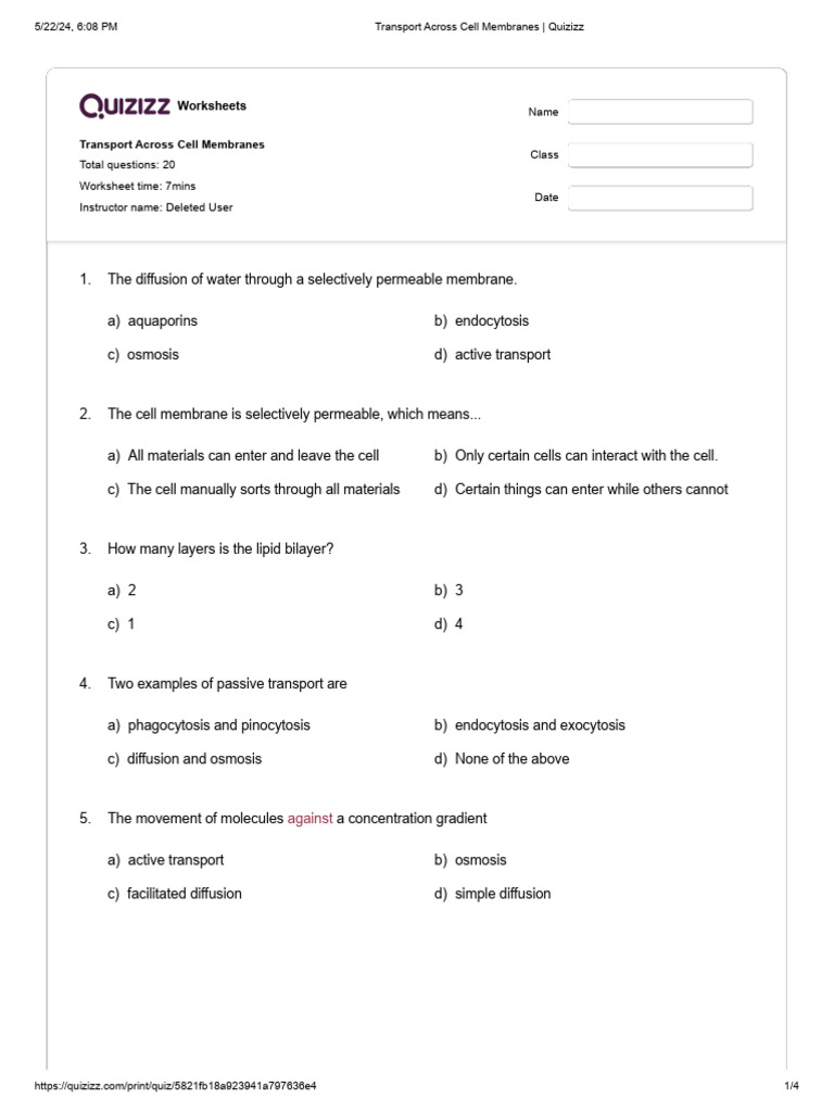 Transport Across Cell Membranes - Quizizz | PDF | Cell Membrane | Osmosis