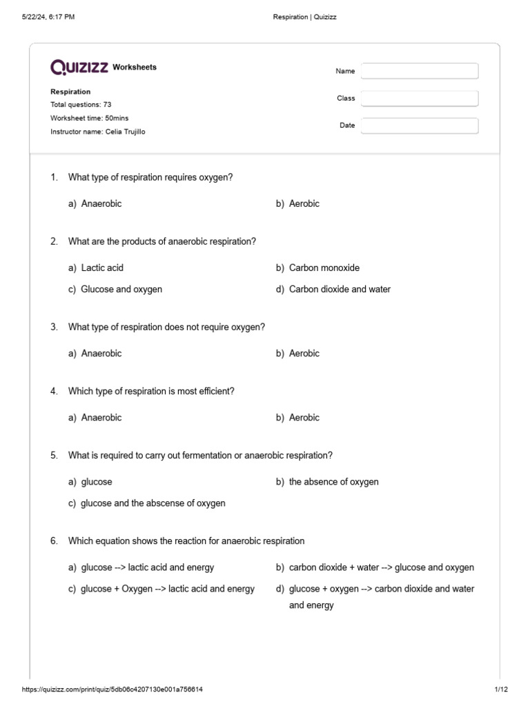 Respiration Quizizz Pdf Cellular Respiration Adenosine Triphosphate
