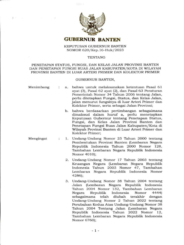 SK Status Jalan Provinsi Banten 2023 | PDF