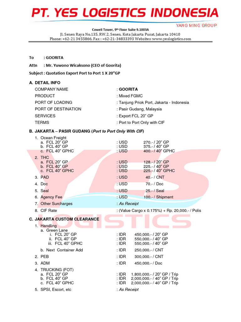 Quotation Export To Pasir Gudang 88 | PDF | Logistics | Supply Chain Management