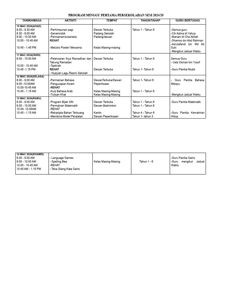 Program Minggu Pertama Persekolahan Sesi 2024 | PDF