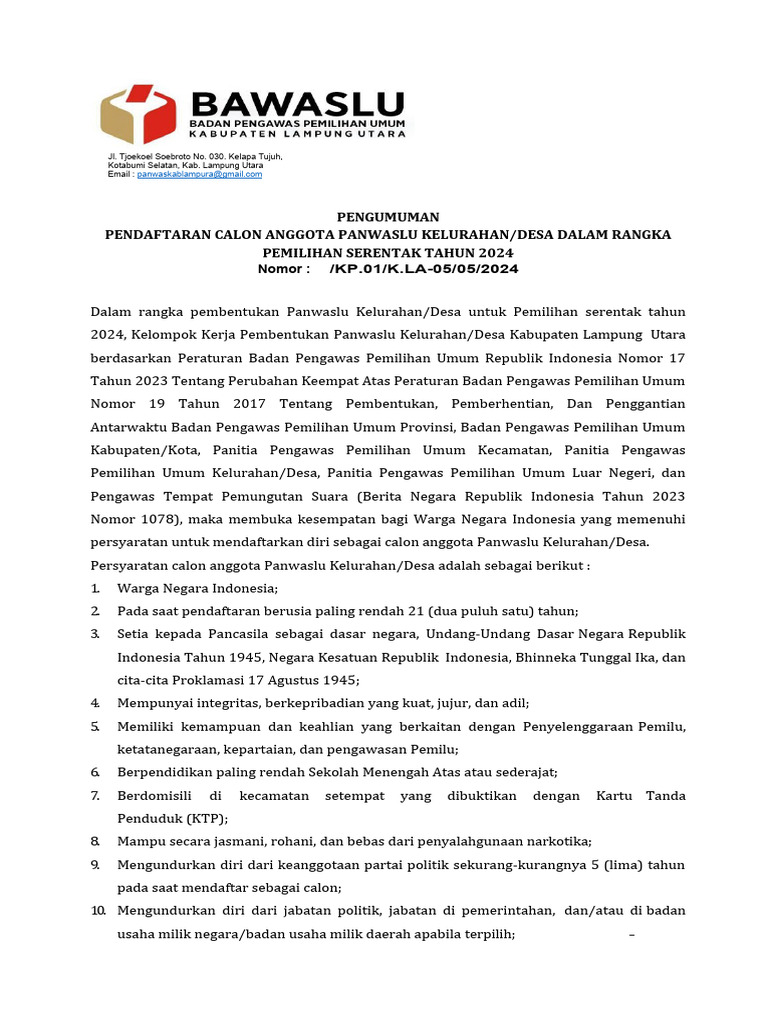 Pendaftaran Panwaslu Desa 2024 | PDF | Politik | Ilmu Sosial