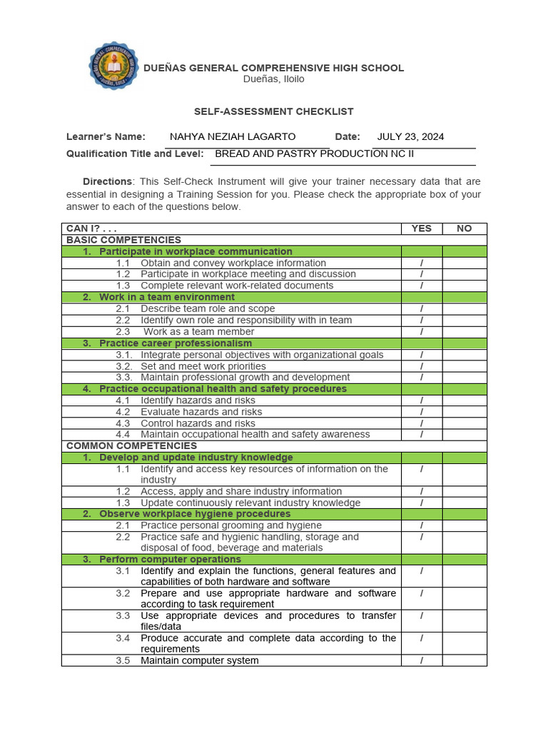 2-Self-assessment Checklist Baldemoro | Download Free PDF | Cakes | Desserts
