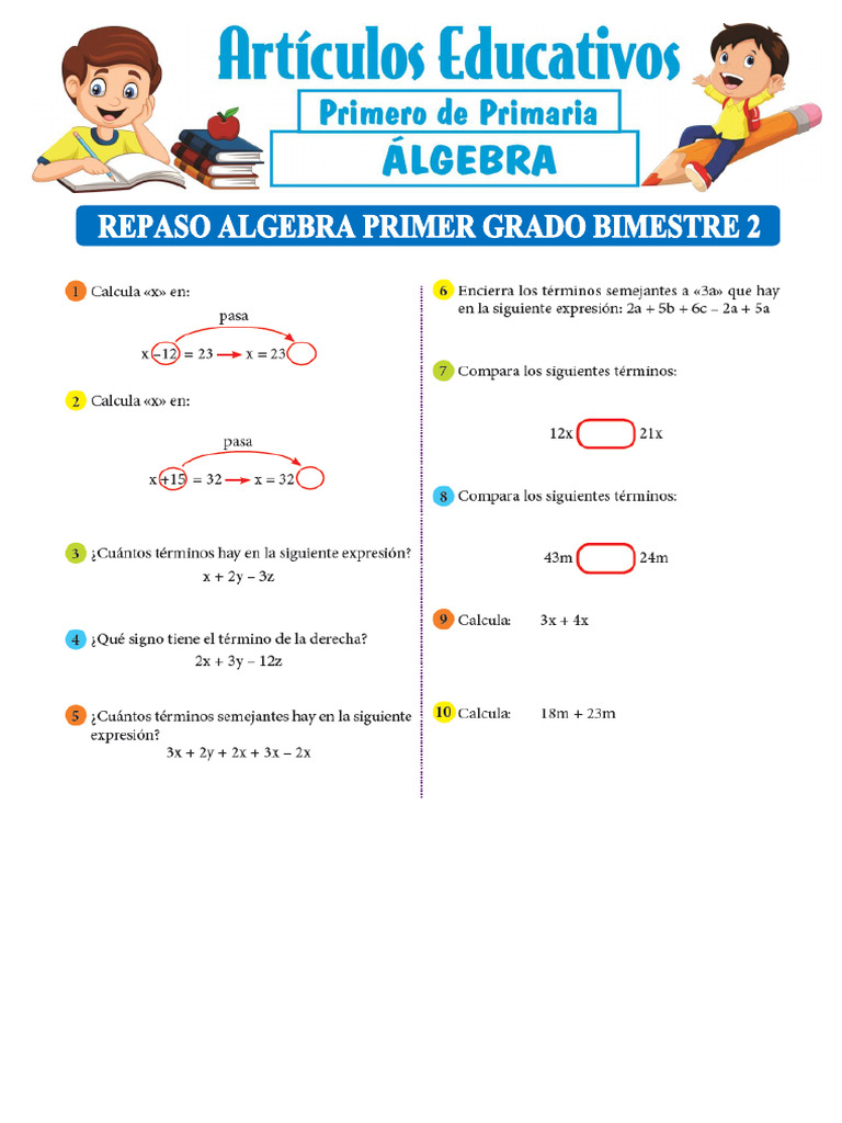 Repaso Algebra Primer Grado Bimestre 2 para Primero de Primaria | PDF