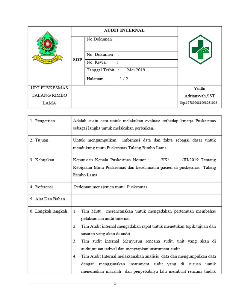 Audit Internal Puskesmas Talang Rimbo | PDF | Bisnis