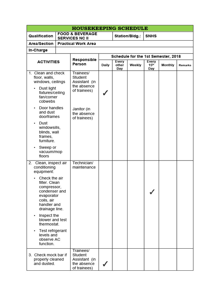 1 Housekeeping Schedule | PDF | Housekeeping