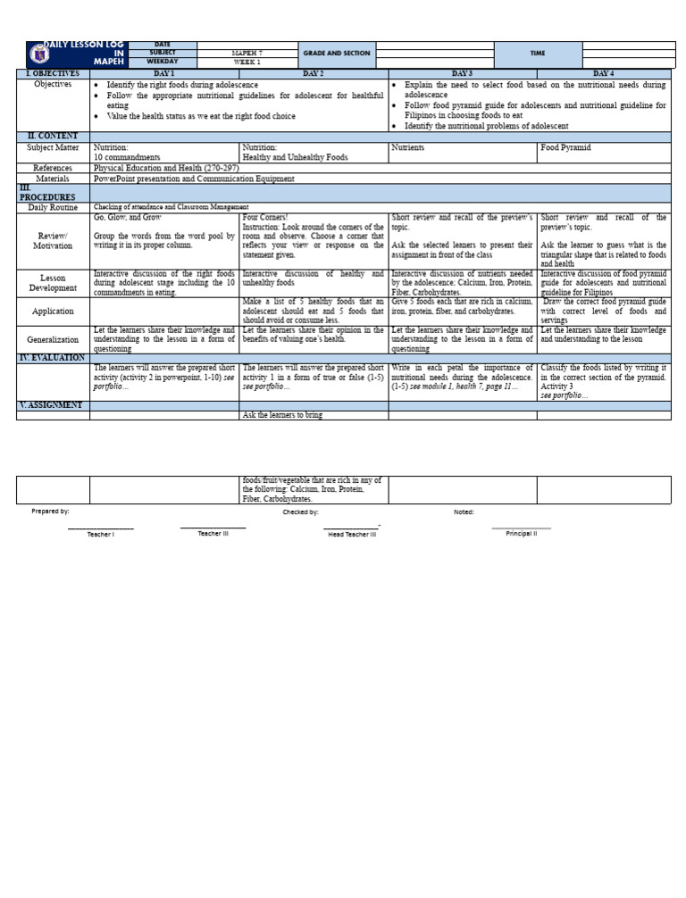 G7 Daily Lesson Log Health Week 1 | PDF | Nutrition | Diet & Nutrition